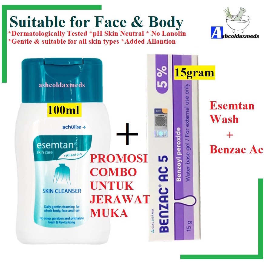 Esemtan Skin Cleanser (Wash Lotion) (100ml) + Benzac 5% 15gm Pimple ...