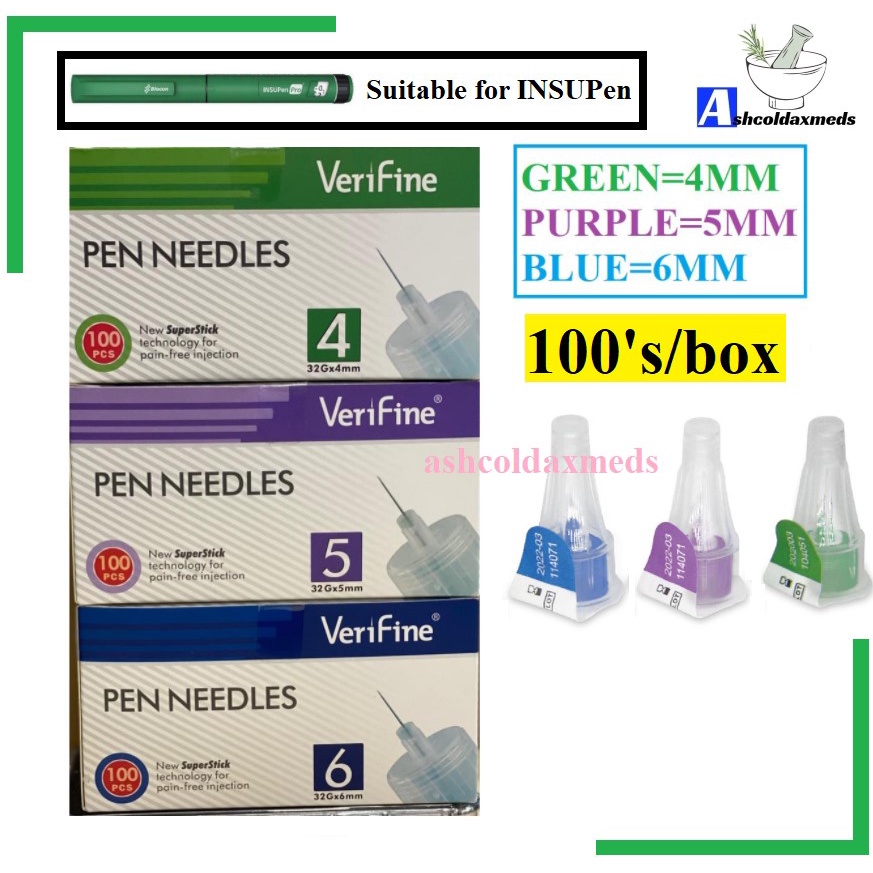 VERIFINE INSULIN PEN NEEDLES 100'S/BOX 4MM/5MM/6MM (Novofine/Bd Ultra ...