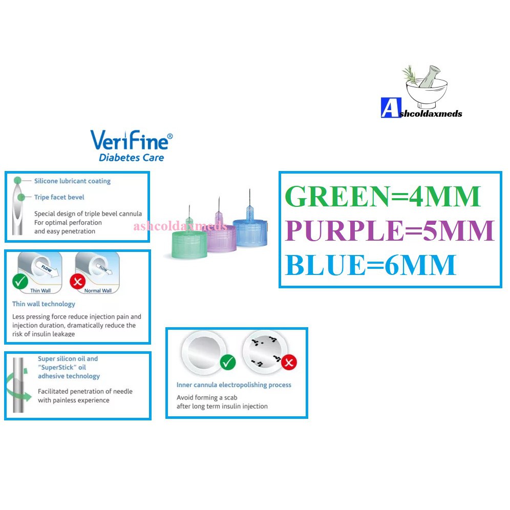 VERIFINE INSULIN PEN NEEDLES 100'S/BOX 4MM/5MM/6MM (Novofine/Bd Ultra/Bd Micro Alternative ...