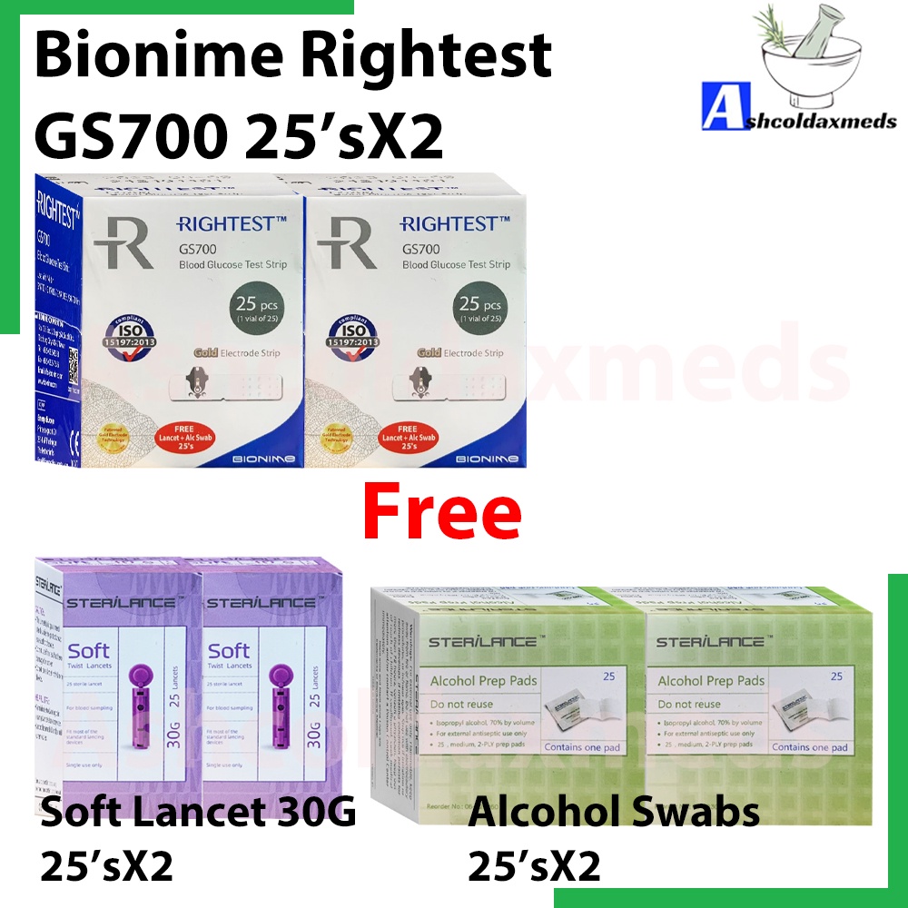 BIONIME RIGHTEST GS700 BLOOD GLUCOSE TEST STRIPS 2X25'S FOC LANCETS ...